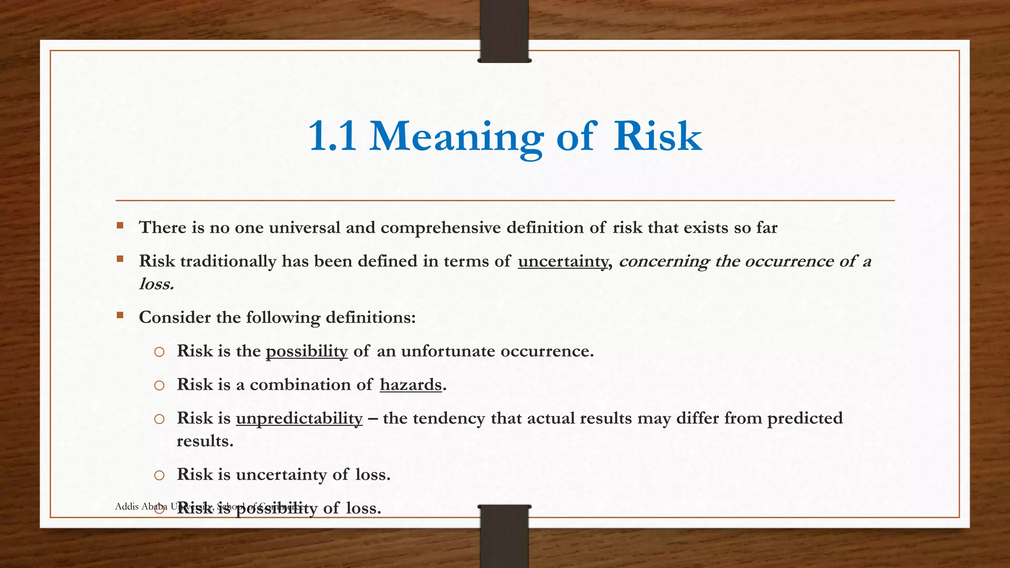 Risk managment and Insurance chap1-3 Addis Ababa University School of ...