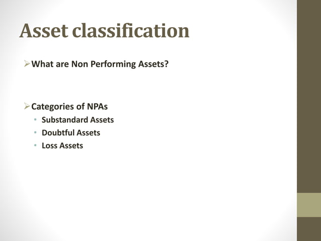 Asset Classification as per RBI,& Non performing assets | PPTX | Consumer Banking | Personal Finance