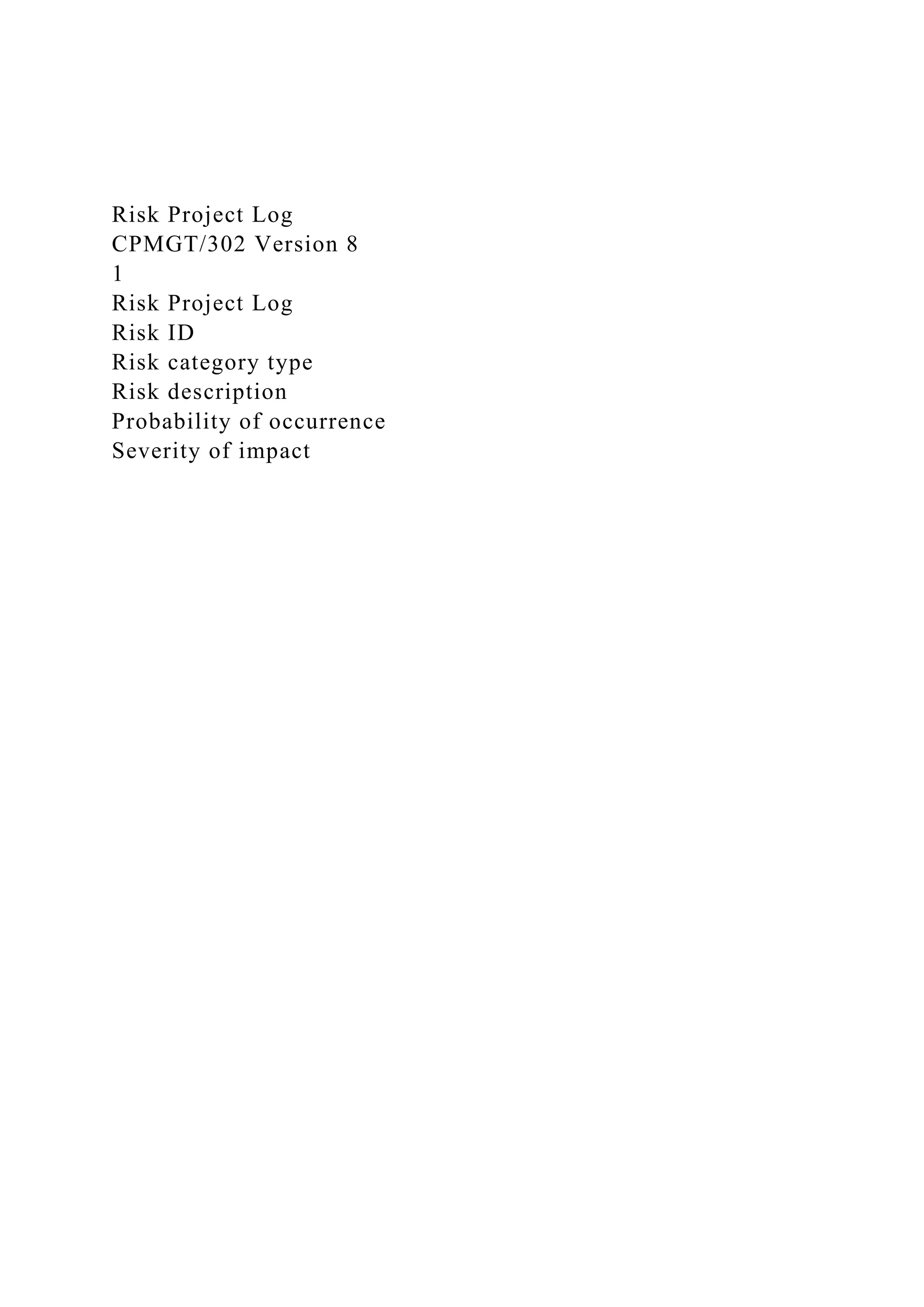 Risk Project LogCPMGT302 Version 81Risk Project LogRisk.docx