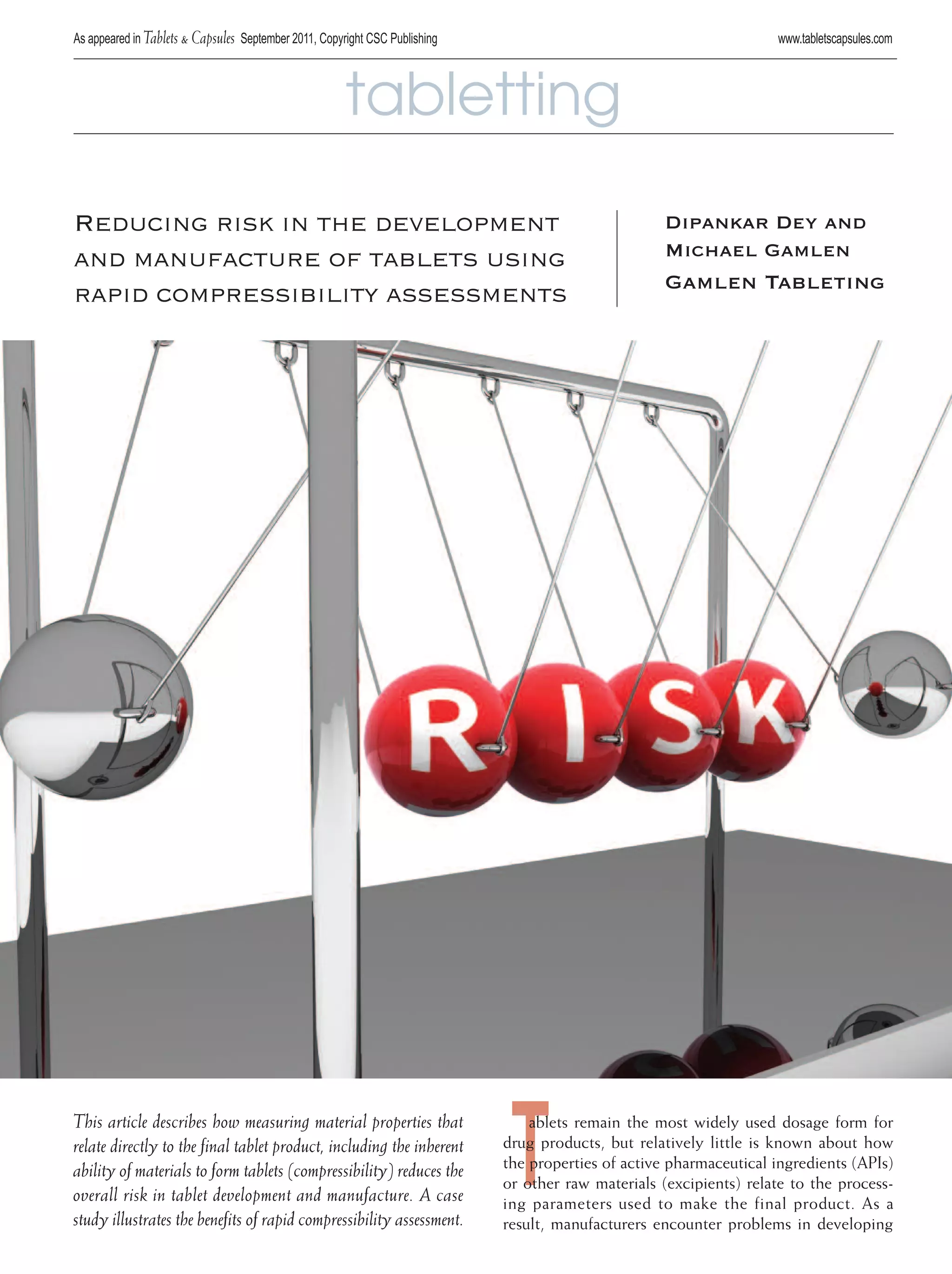 Risk reduction in tablet dosage form development and manufacturing | PDF