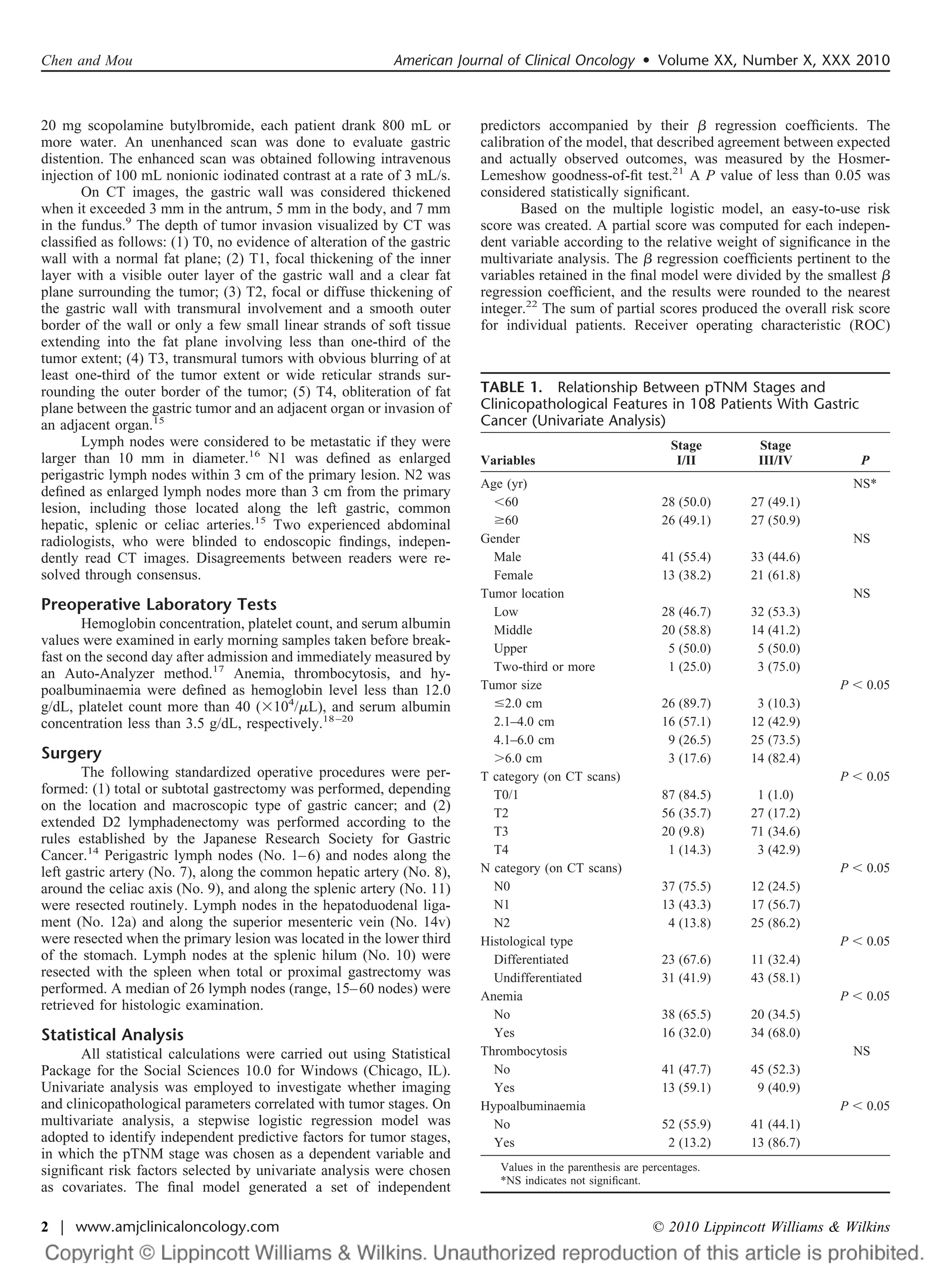 Risk score to preoperatively predict tnm in gastric cancer | PDF ...