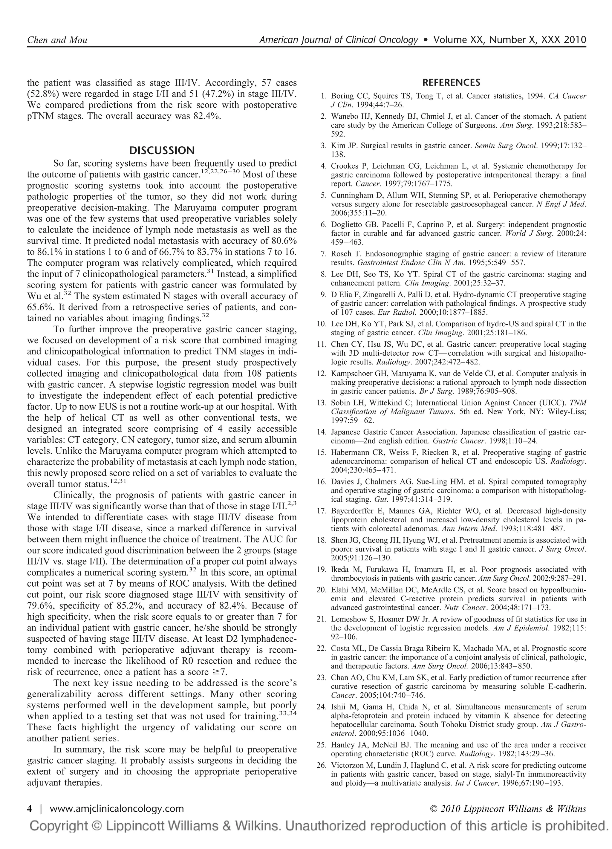 Risk score to preoperatively predict tnm in gastric cancer | PDF ...