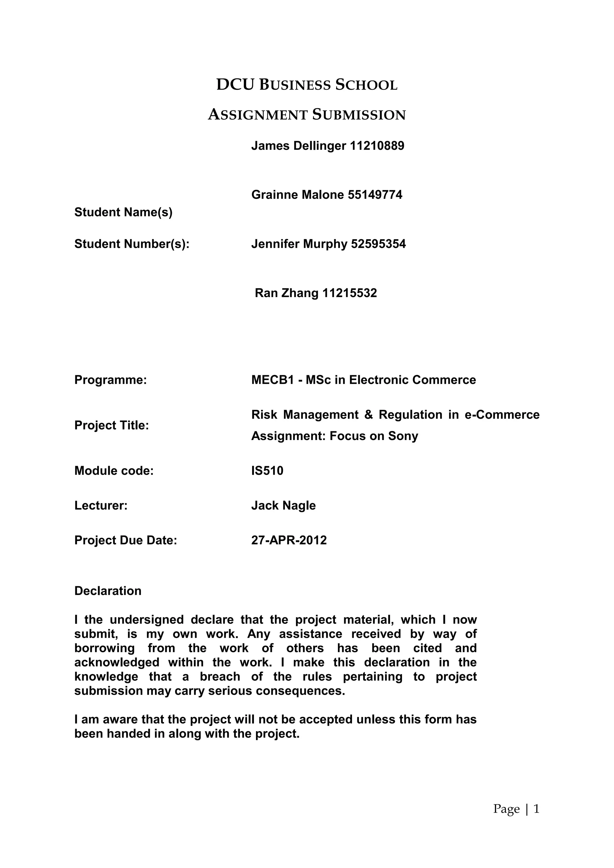 (Sony) Risk assignment final high profile security breach of Sony’s ...