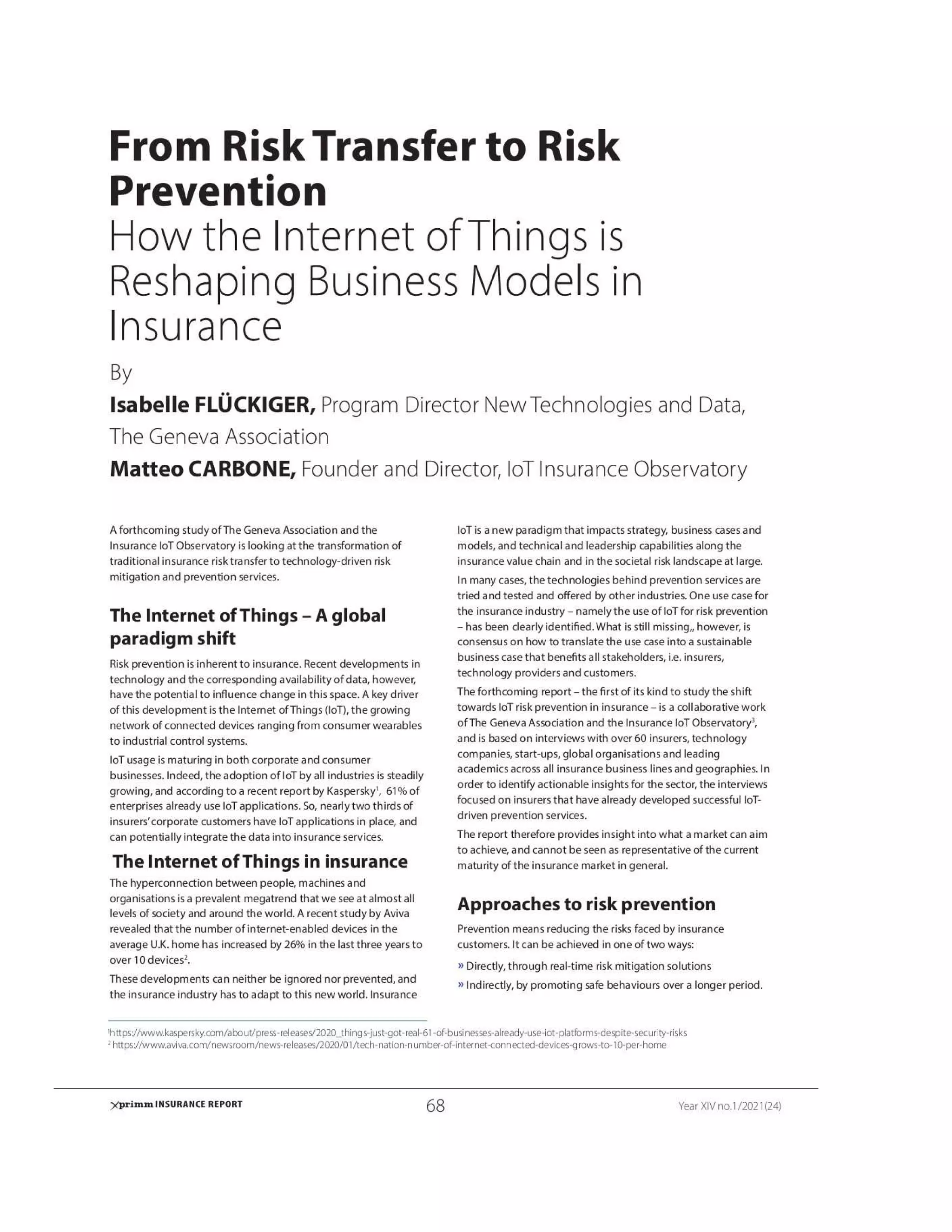 From Risk Transfer to Risk Prevention - How the Internet of Things is ...