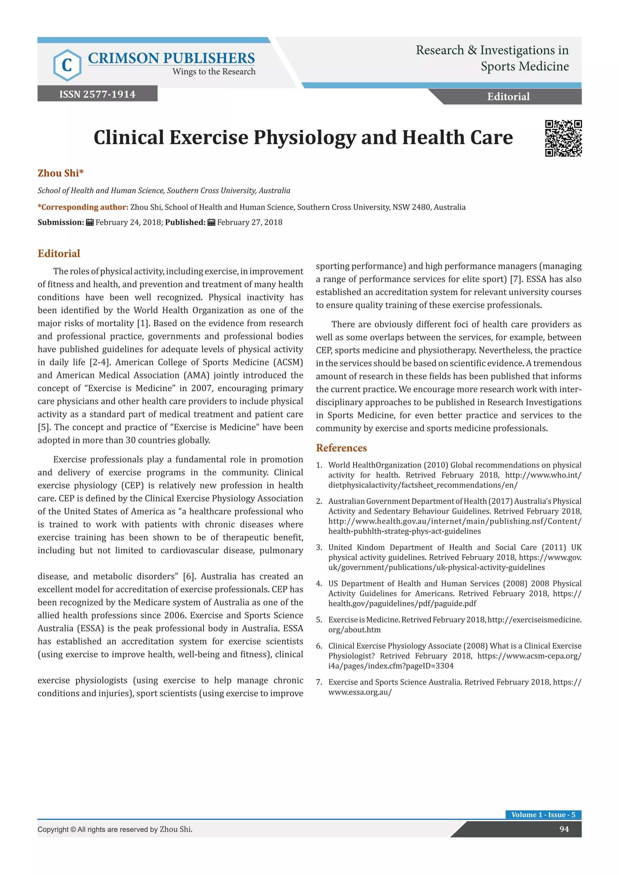 Clinical Exercise Physiology and Health Care_ Crimson Publishers | PDF
