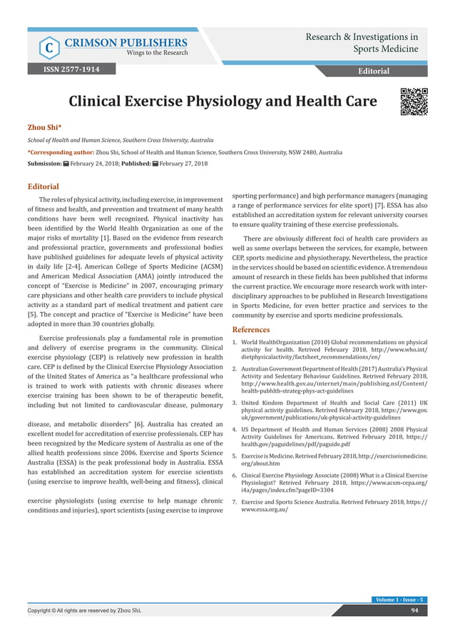 Clinical Exercise Physiology and Health Care_ Crimson Publishers | PDF ...