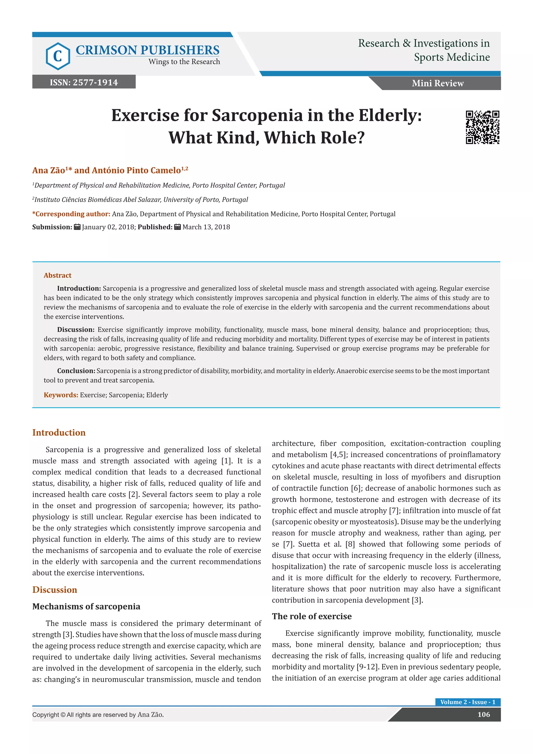 Exercise for Sarcopenia in the Elderly: What Kind, Which Role?_Crimson ...