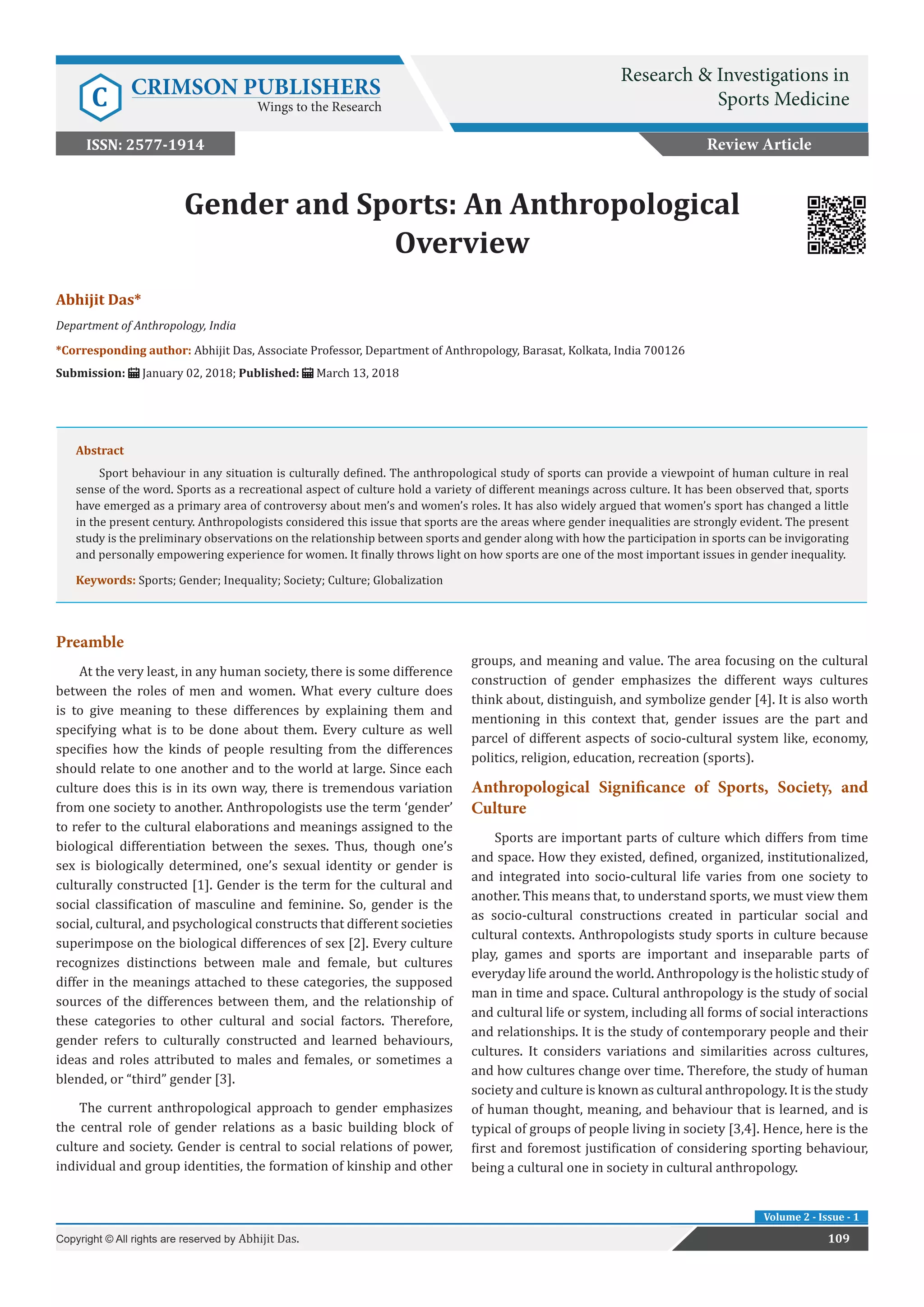 Gender and Sports: An Anthropological Overview_Crimson Publishers | PDF
