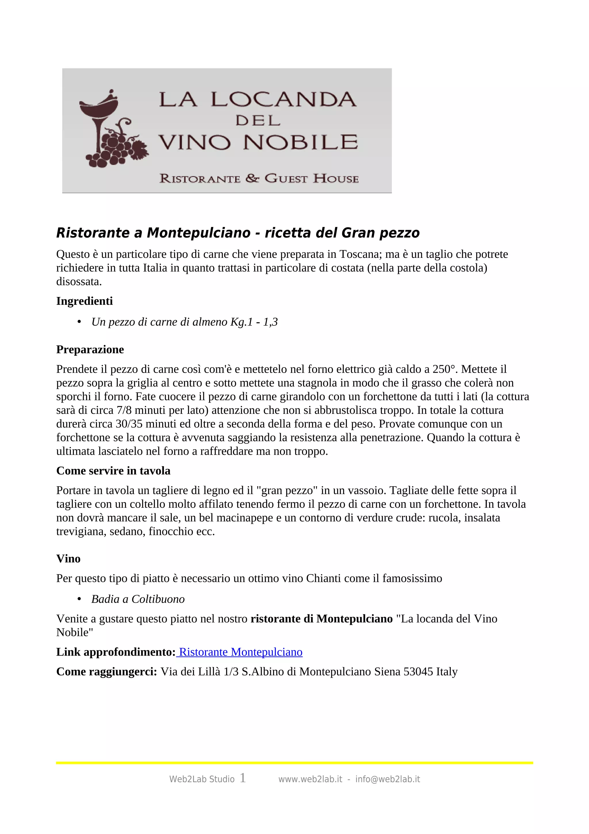 Ristorante montepulciano: ricetta gran pezzo | PDF