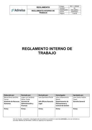 MODELO DE REGLAMENTO INTERNO DE TRABAJO DE UNA EMPRESA | PDF
