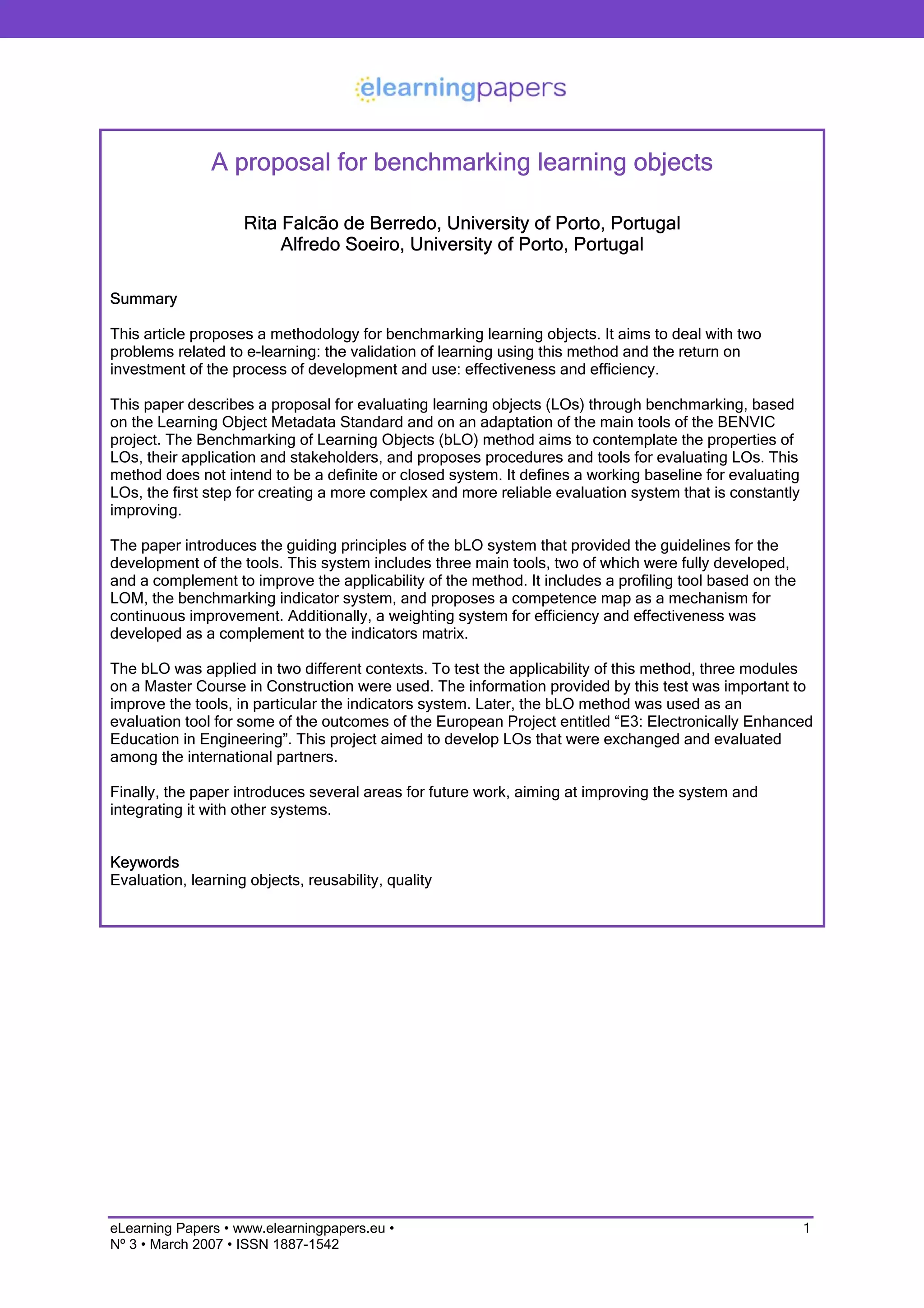 A proposal for benchmarking learning objects | PDF