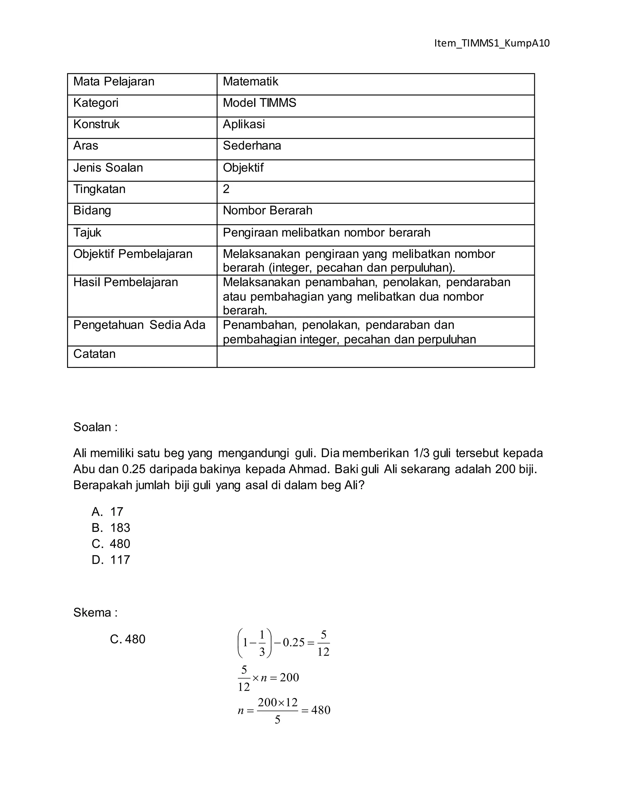 CONTOH SOALAN - ITEM TIMSS 10 | DOCX