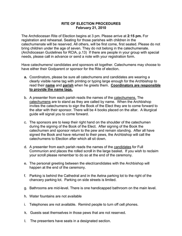 Rite of Election 2010 - Procedures | PDF