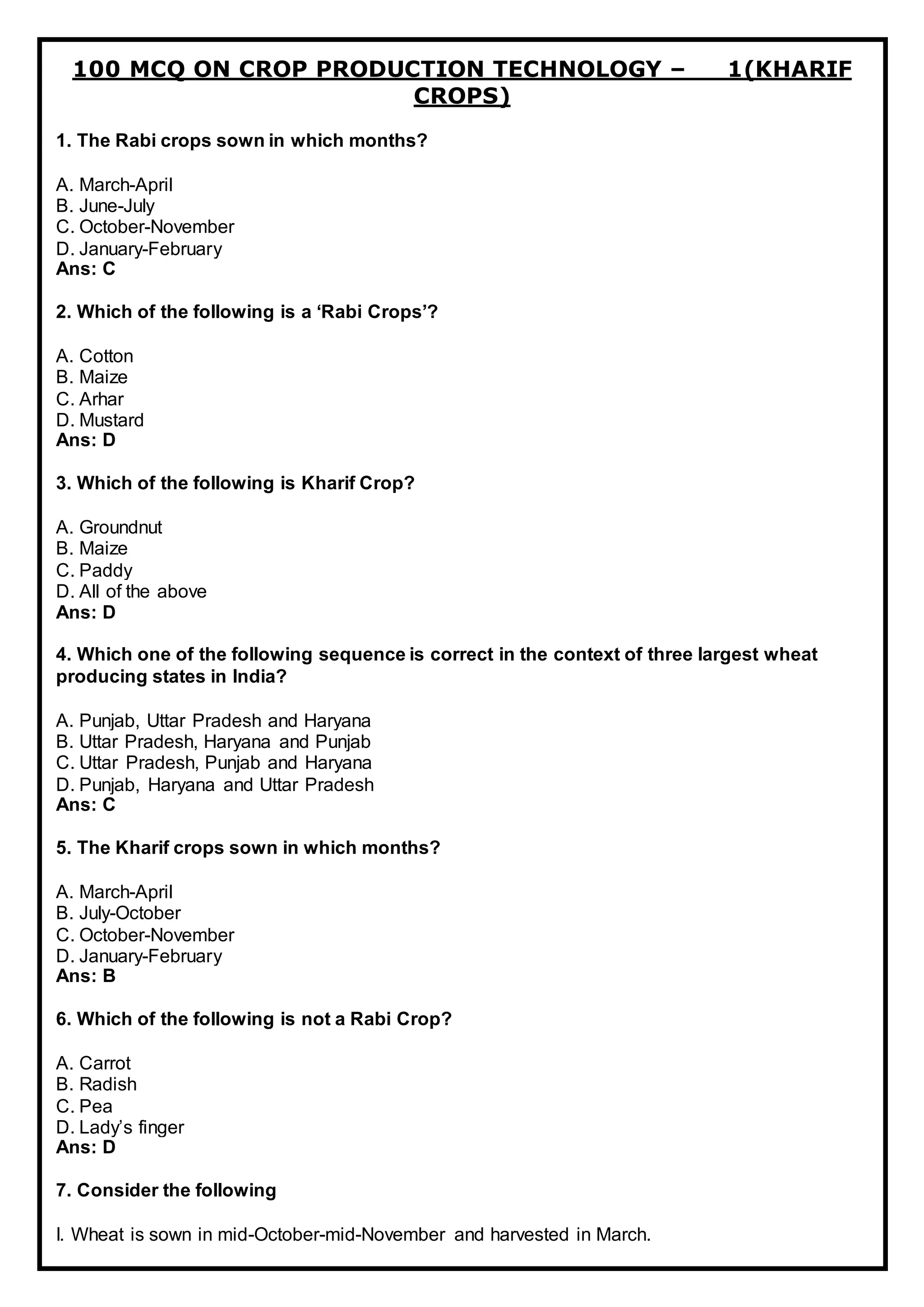 100 mcq related questions on kharif crops | DOCX