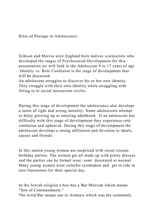 Rites of Passage in Adolescence.Erikson and Marcia were .docx