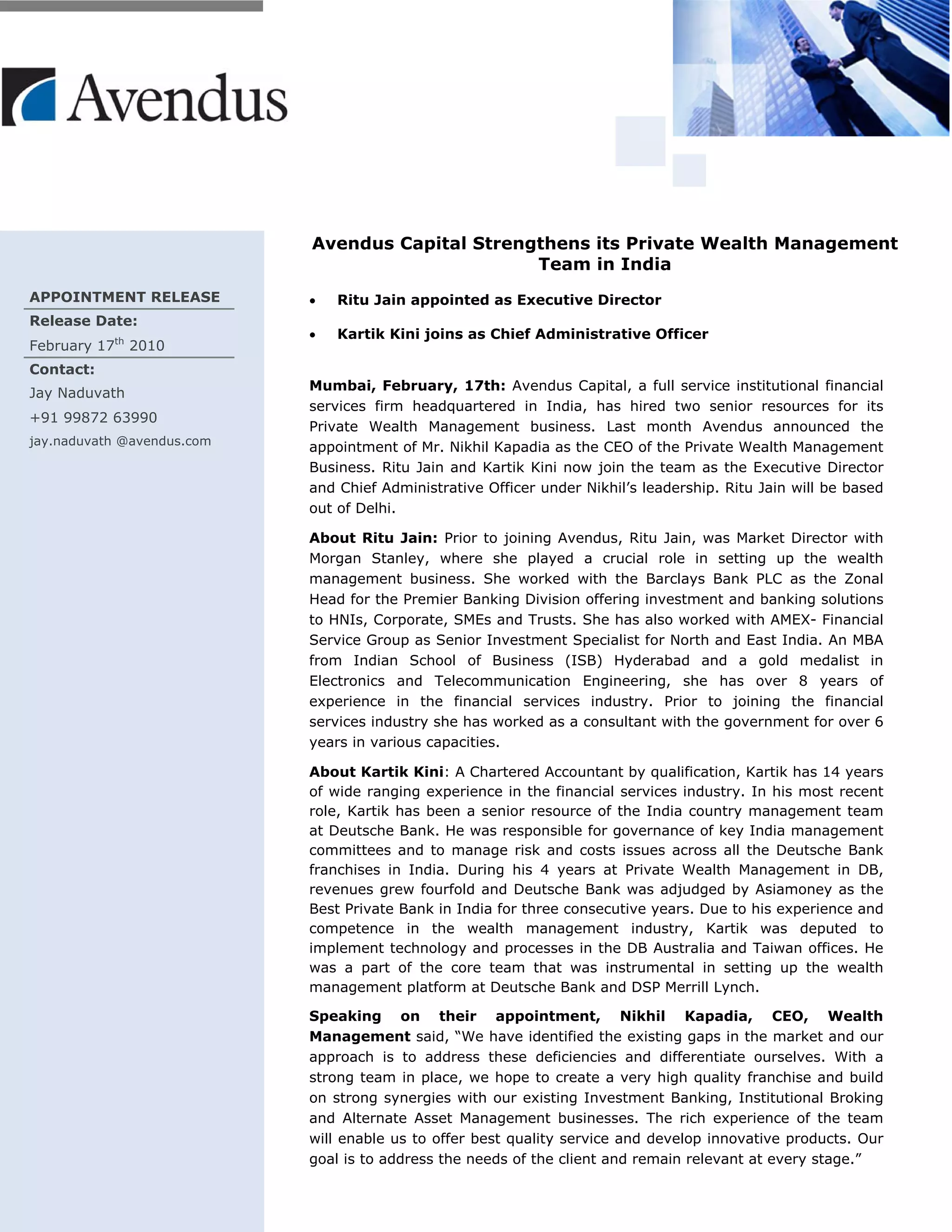 Avendus Capital Strengthens its Private Wealth Management Team in India ...