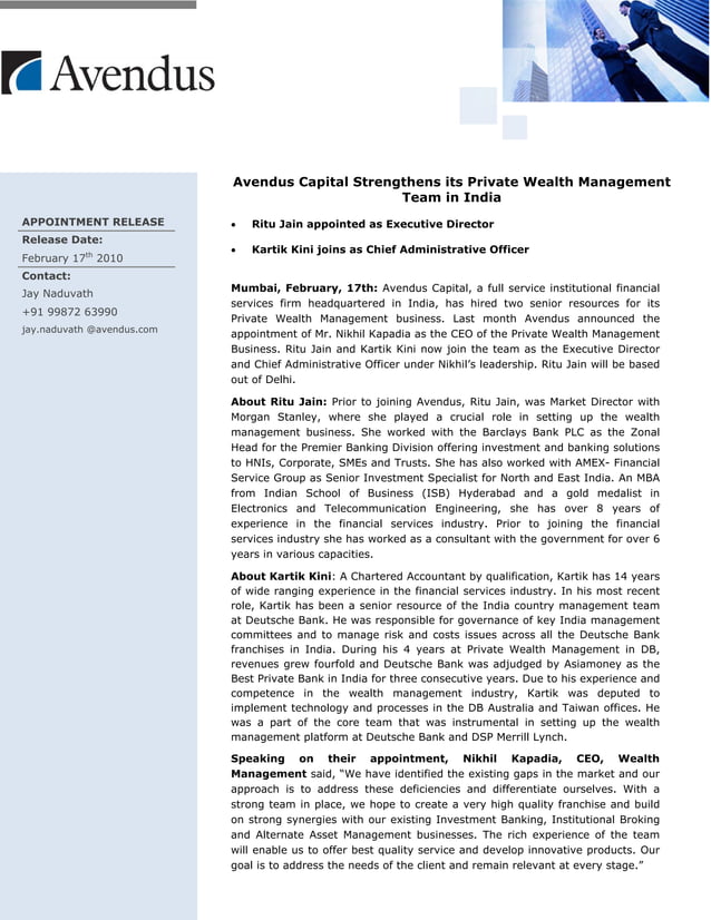 Avendus Capital Strengthens its Private Wealth Management Team in India ...