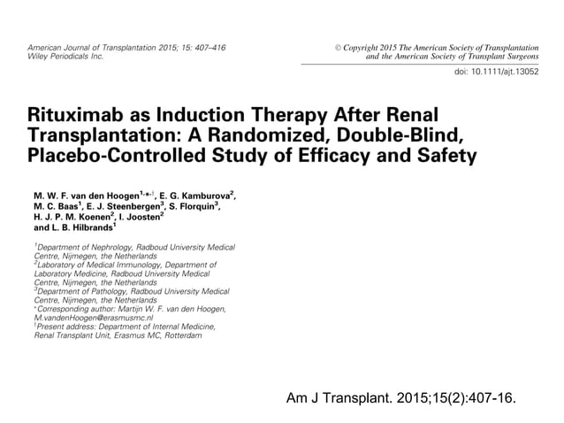 Rituximab as Induction Immunosuppression in Compatible Kidney Transplantation: Journal Club ...