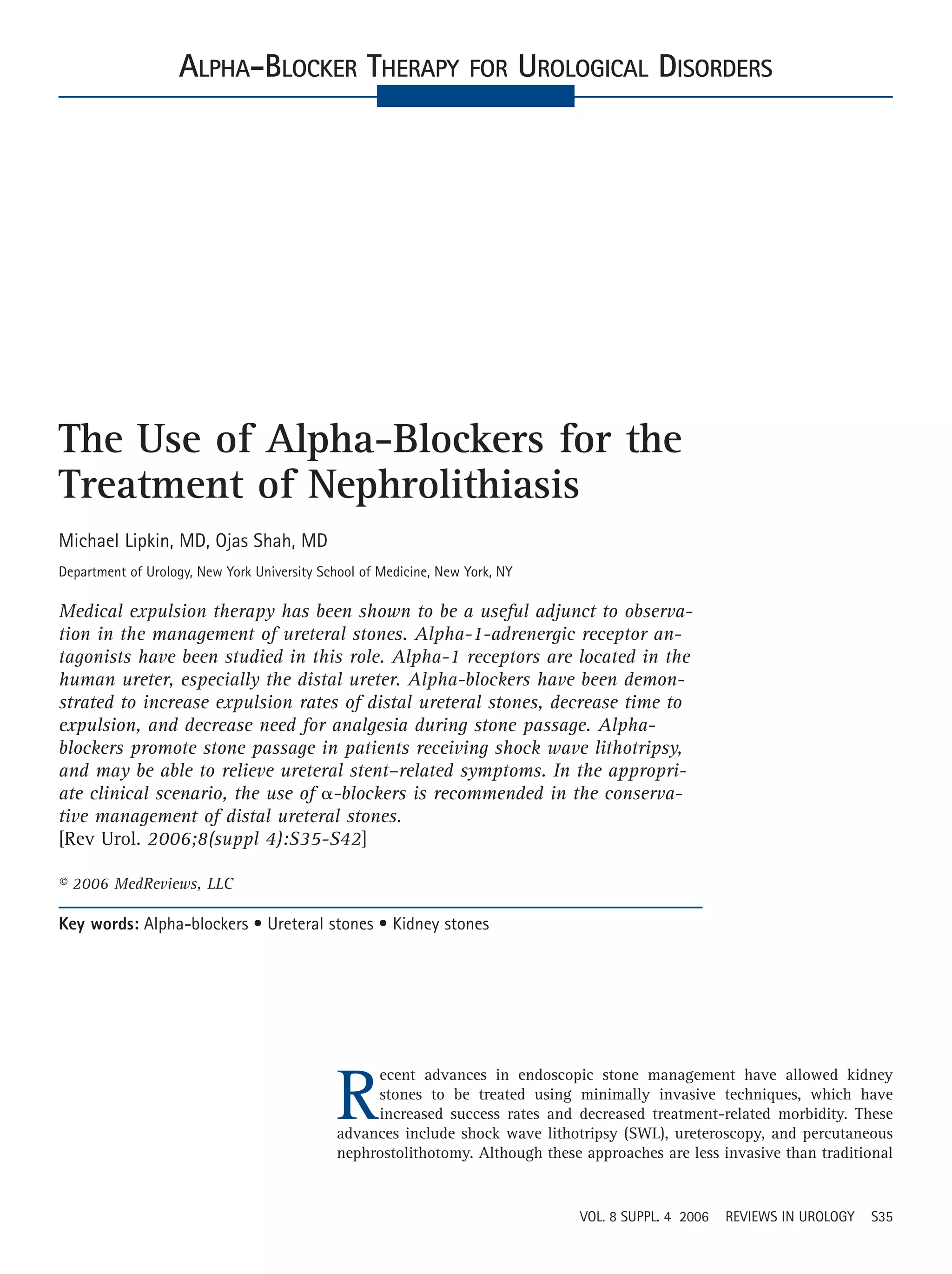 The Use of Alpha-Blockers for the treatment of Nephrolithiasis | PDF