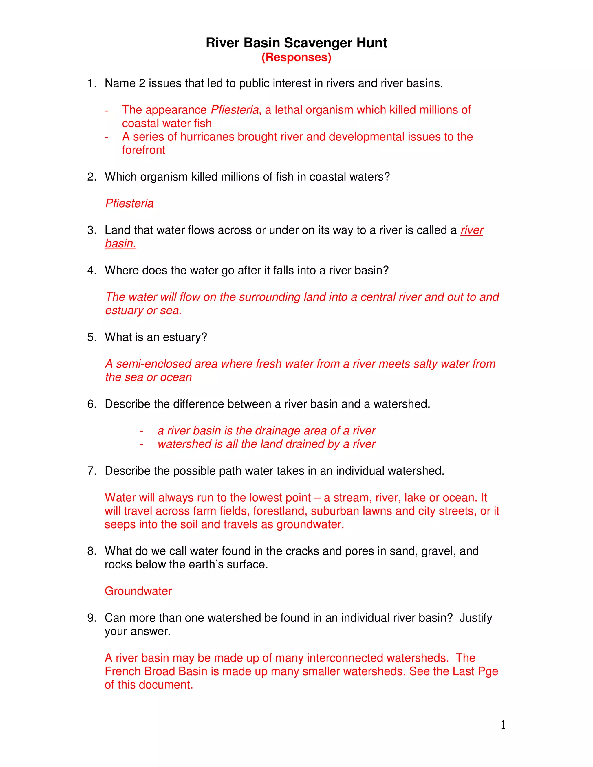 NC River Basin Scavenger Hunt with responses | PDF