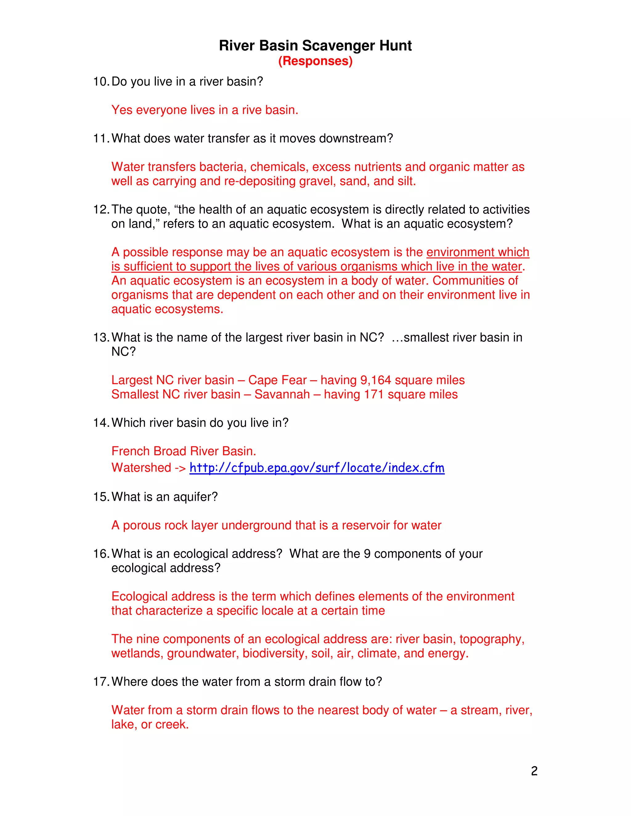 NC River Basin Scavenger Hunt with responses | PDF