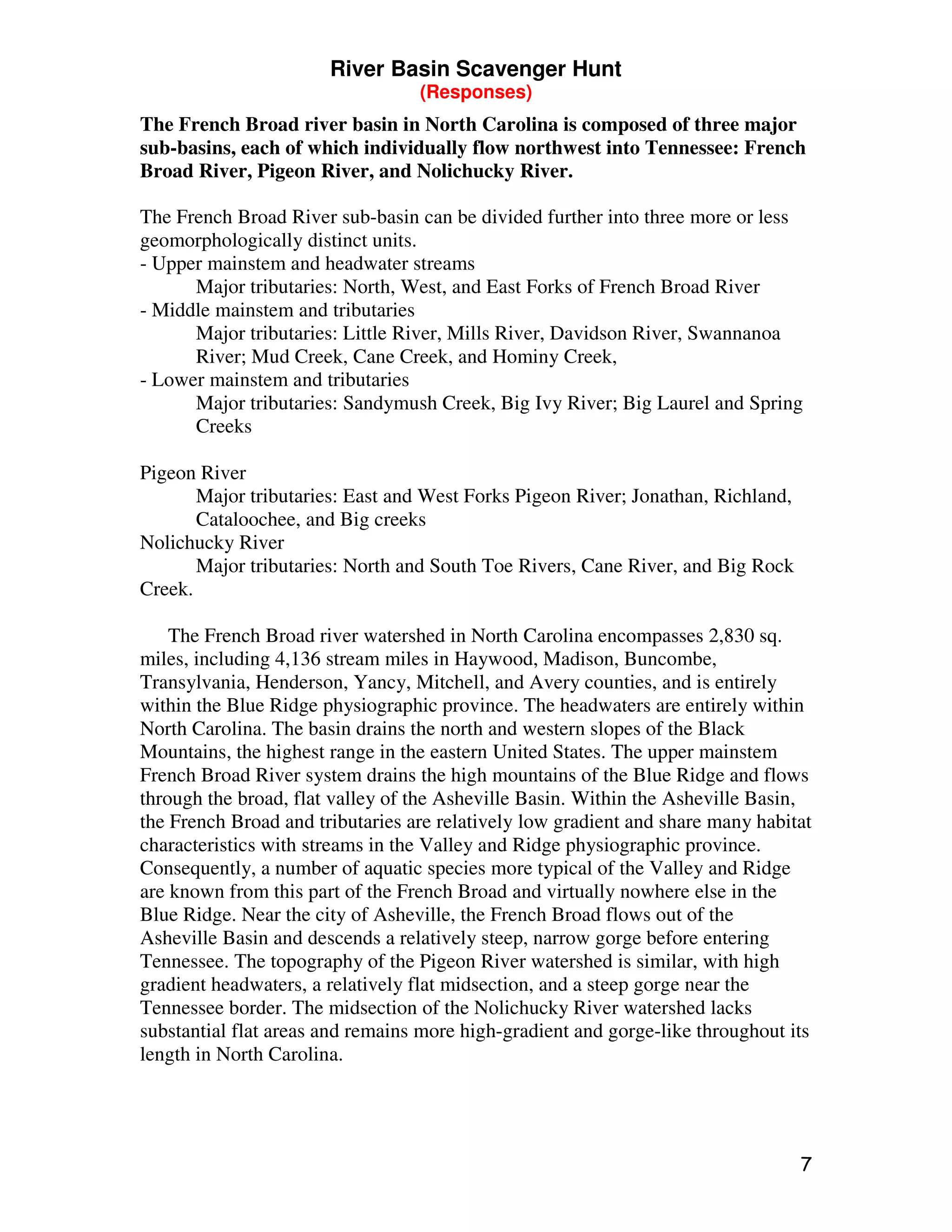 NC River Basin Scavenger Hunt with responses | PDF