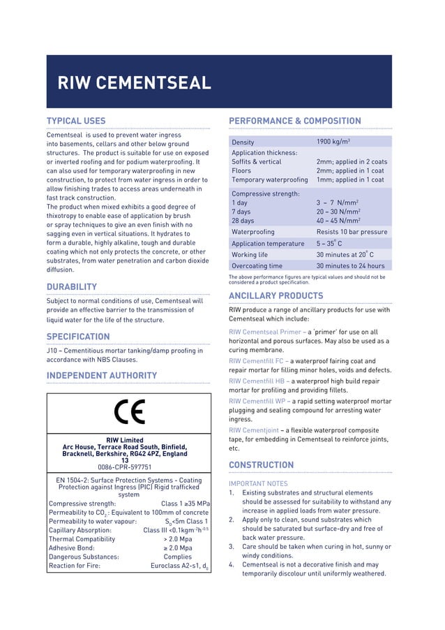 RIW Cementseal Datasheet | PDF | Home Improvement | Home & Garden