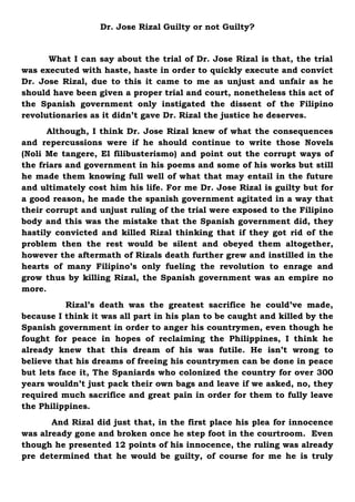 AN ESSAY DISCUSSING WETHER OR NO DE. JOSE RIZAL IS GUILTY OR NOT GUILTY ...
