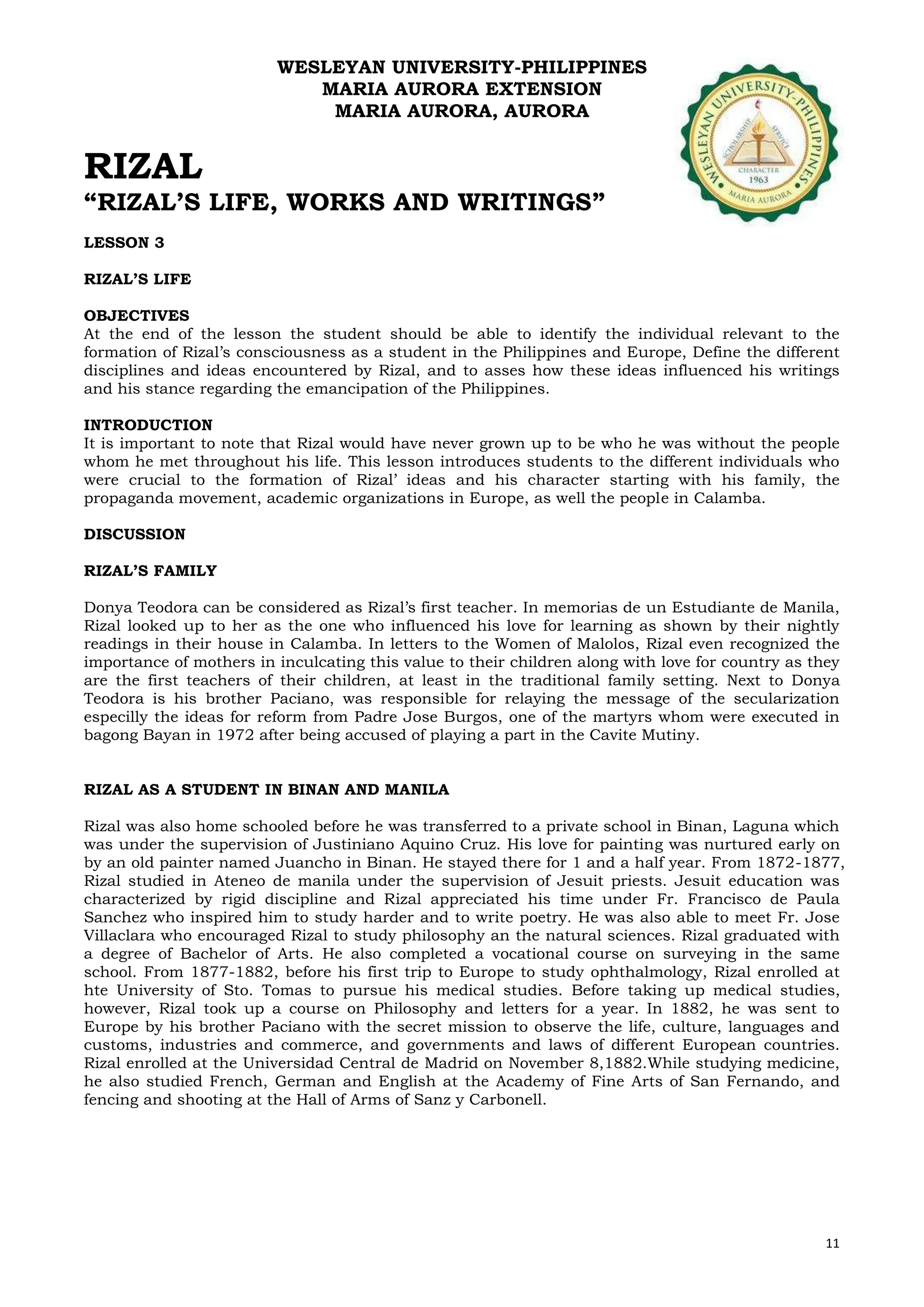 RIZALS LIFE AND WORK EDUCATION FIRST YEAR | DOCX