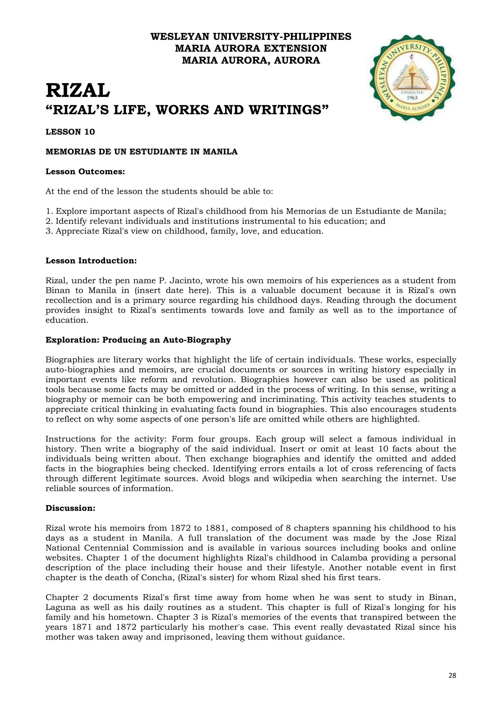 RIZALS LIFE AND WORK EDUCATION FIRST YEAR | DOCX