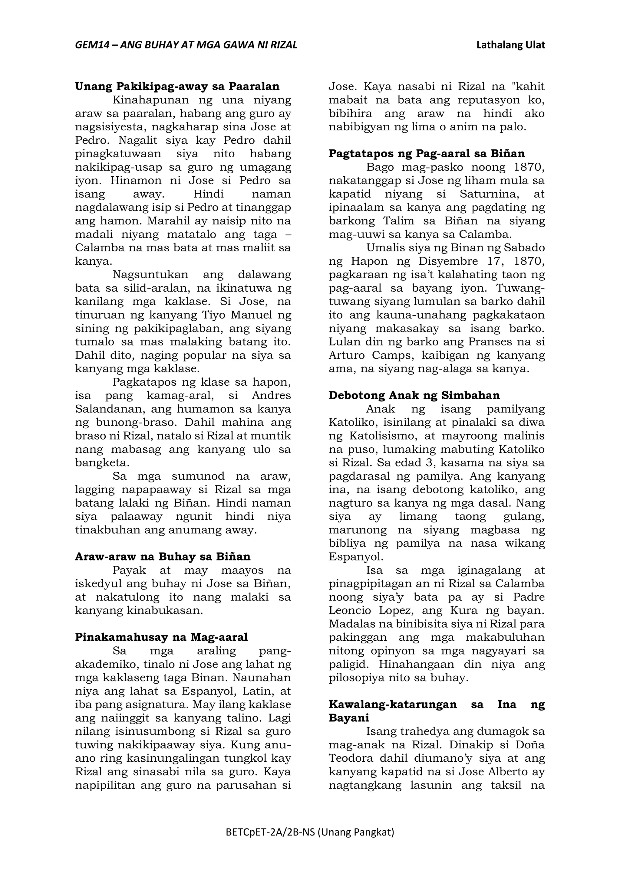 Ang Buhay at mga Gawa ni Rizal (Life and Works of Rizal) | PDF