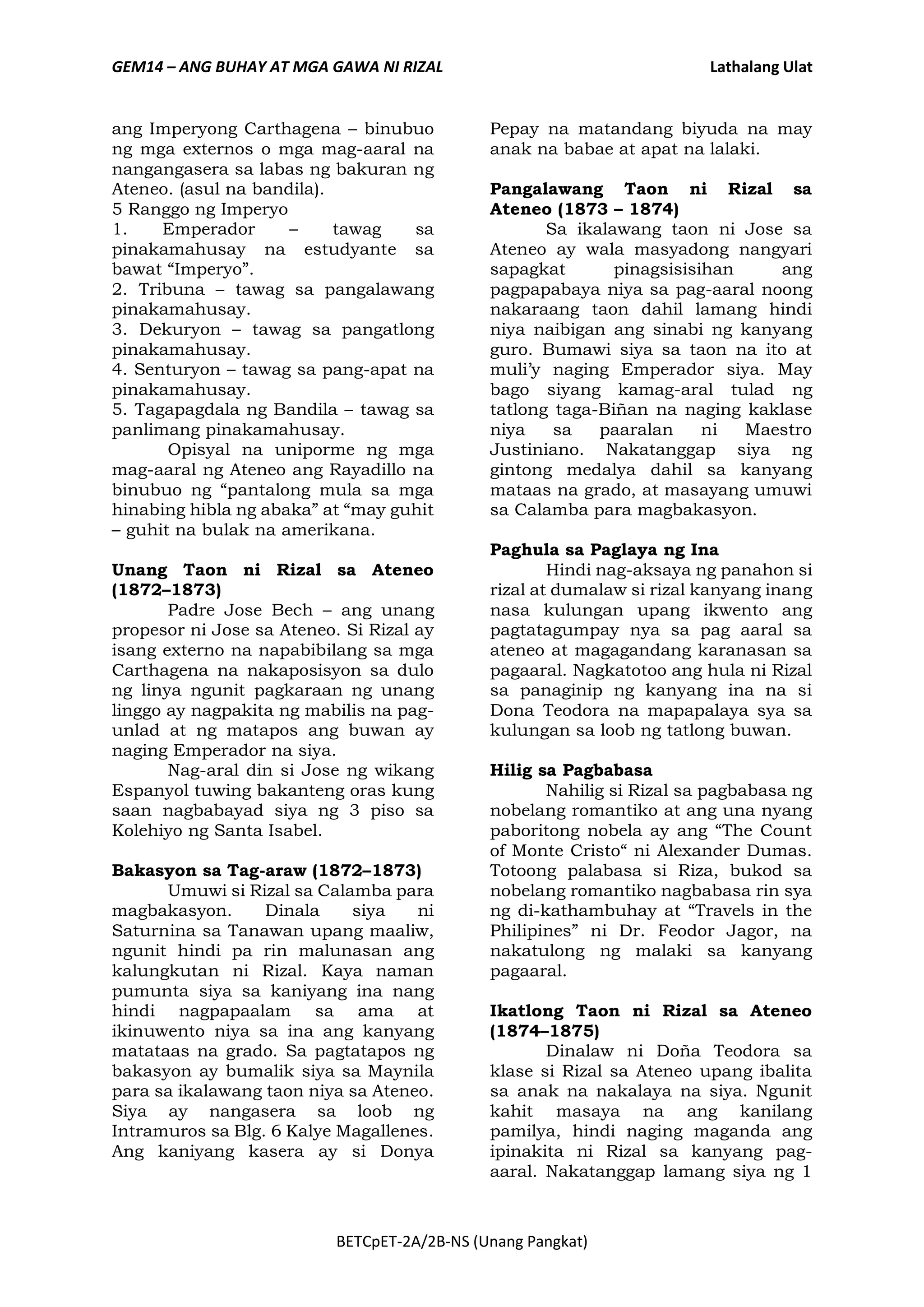 Ang Buhay at mga Gawa ni Rizal (Life and Works of Rizal) | PDF