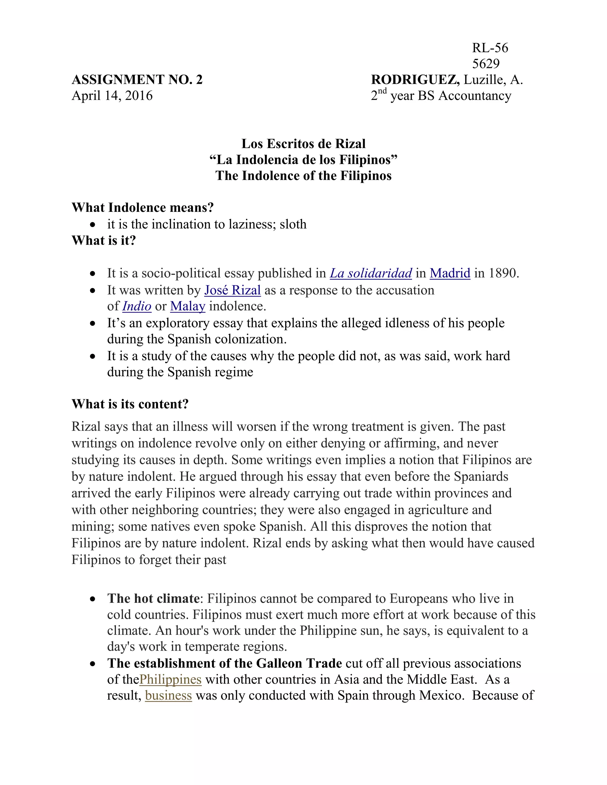 The indolence of the Filipinos | PDF