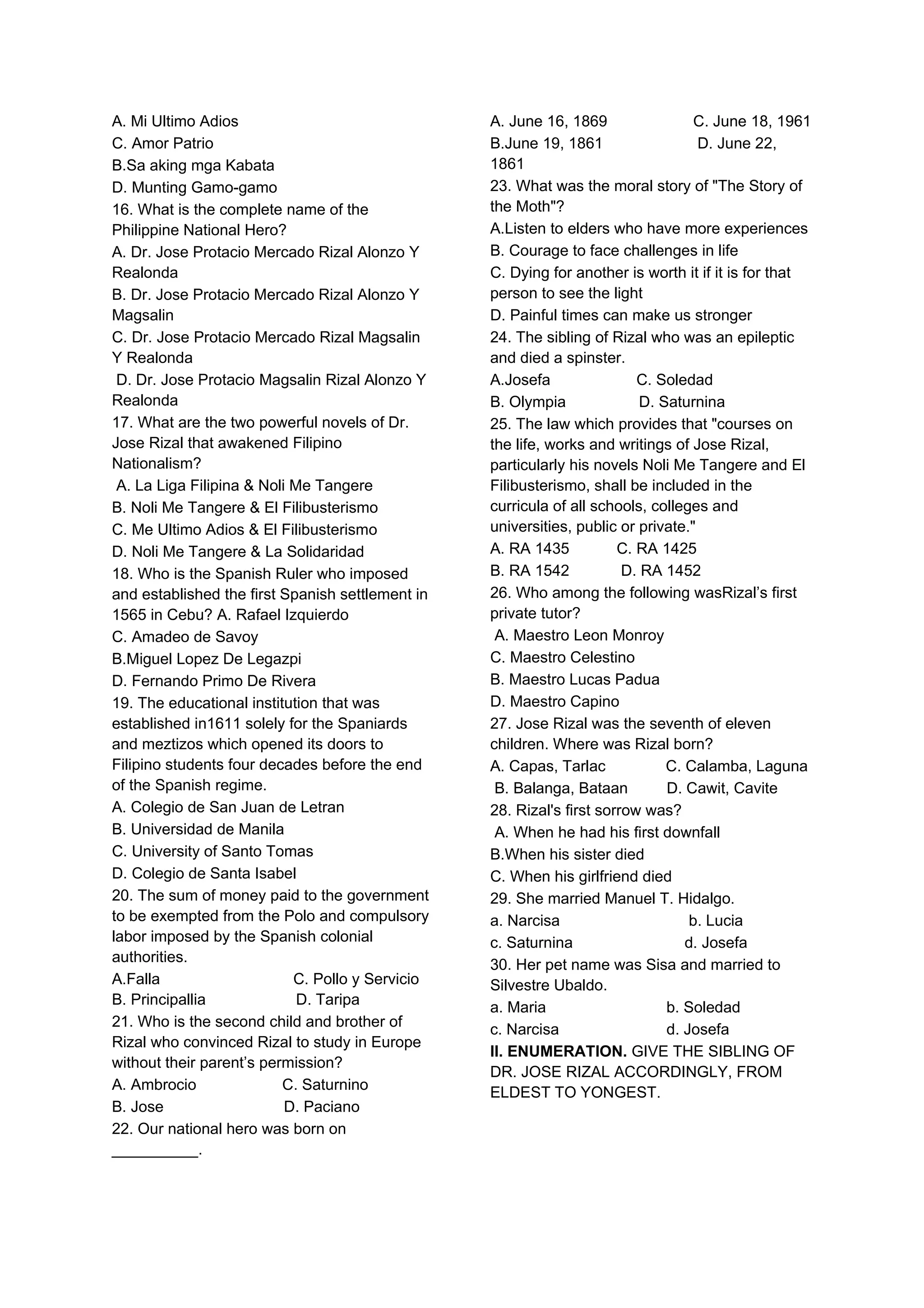 Life and Works of Dr. Jose Rizal questions | DOCX