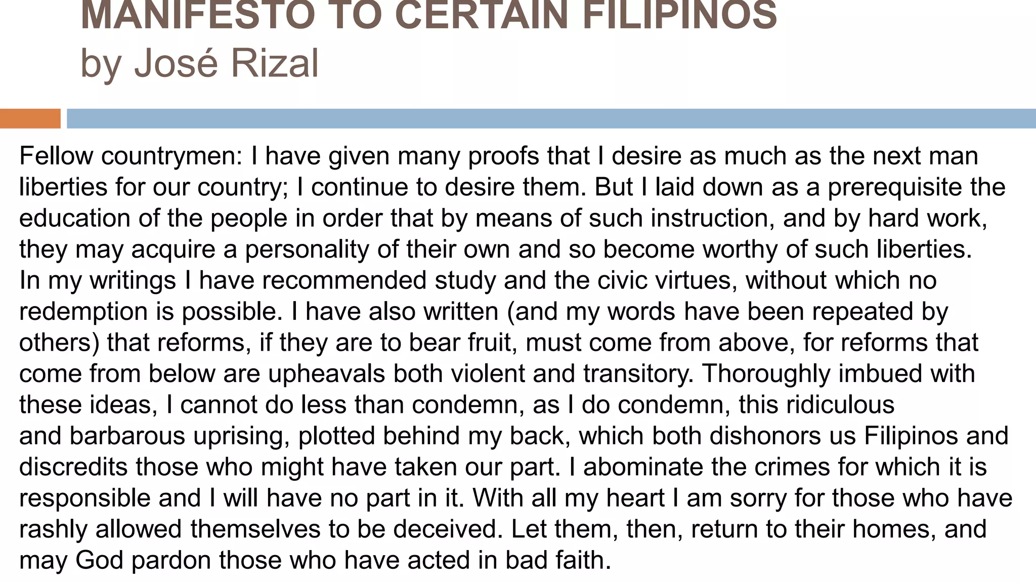 Rizal’s manifesto and defense | PPTX