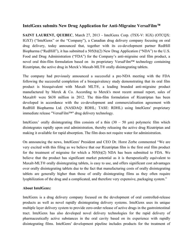 IntelGenx submits New Drug Application for Anti-Migraine VersaFilm(TM ...