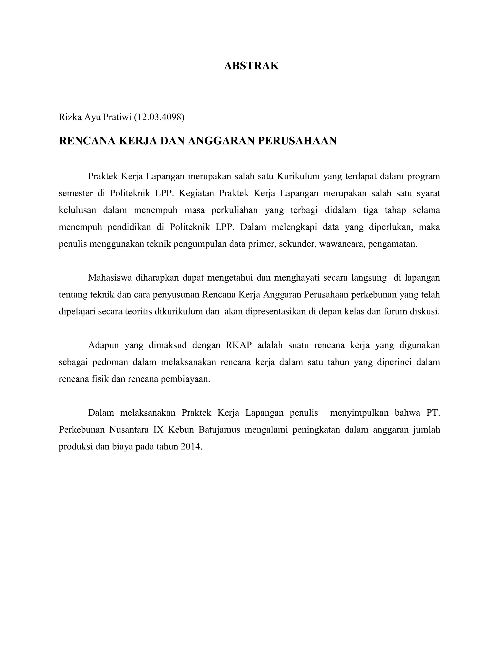 Rizka ayu pratiwi abtrak rkap PKL III Kebun Batujamus | PDF