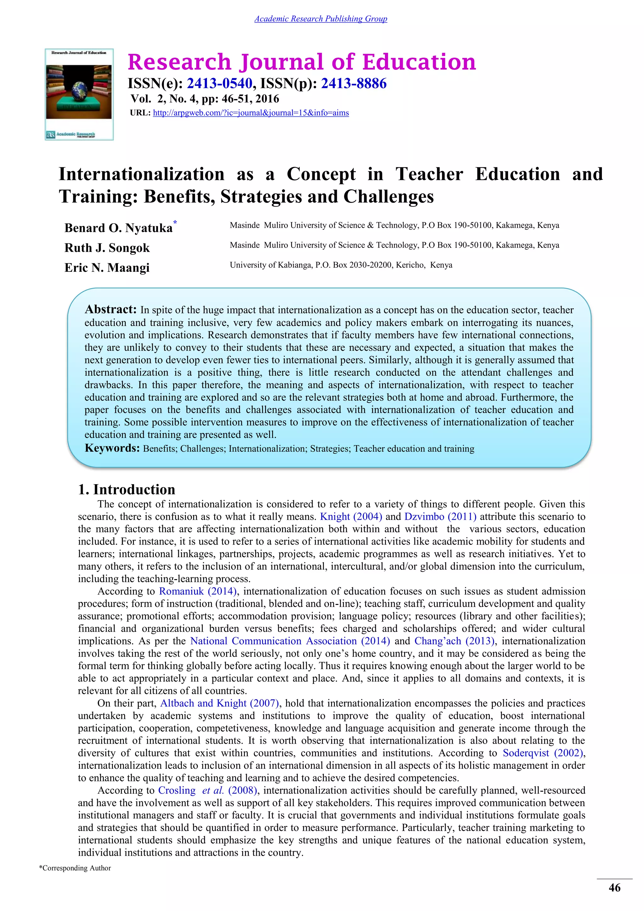 Internationalization as a Concept in Teacher Education and Training ...
