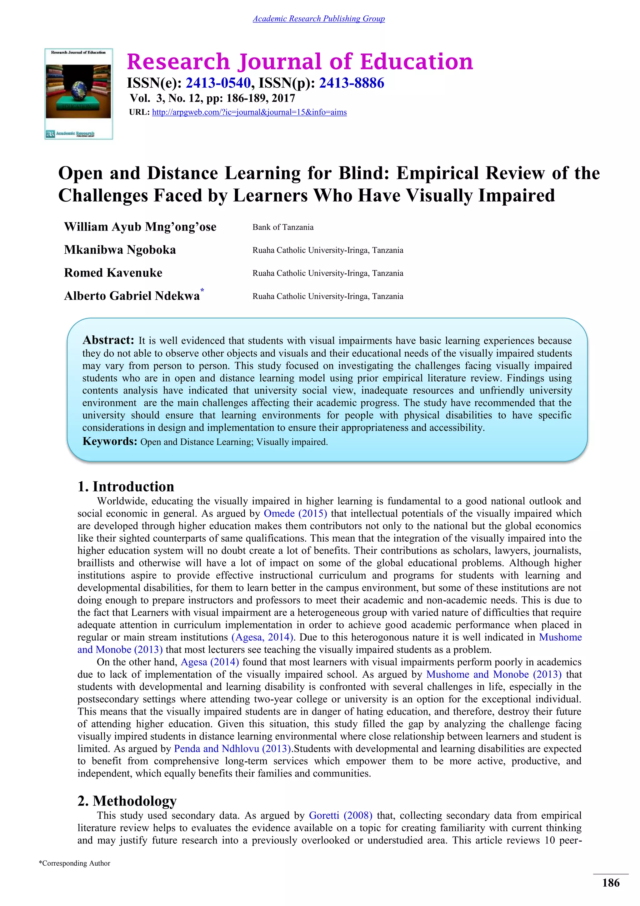 Open and Distance Learning for Blind: Empirical Review of the ...