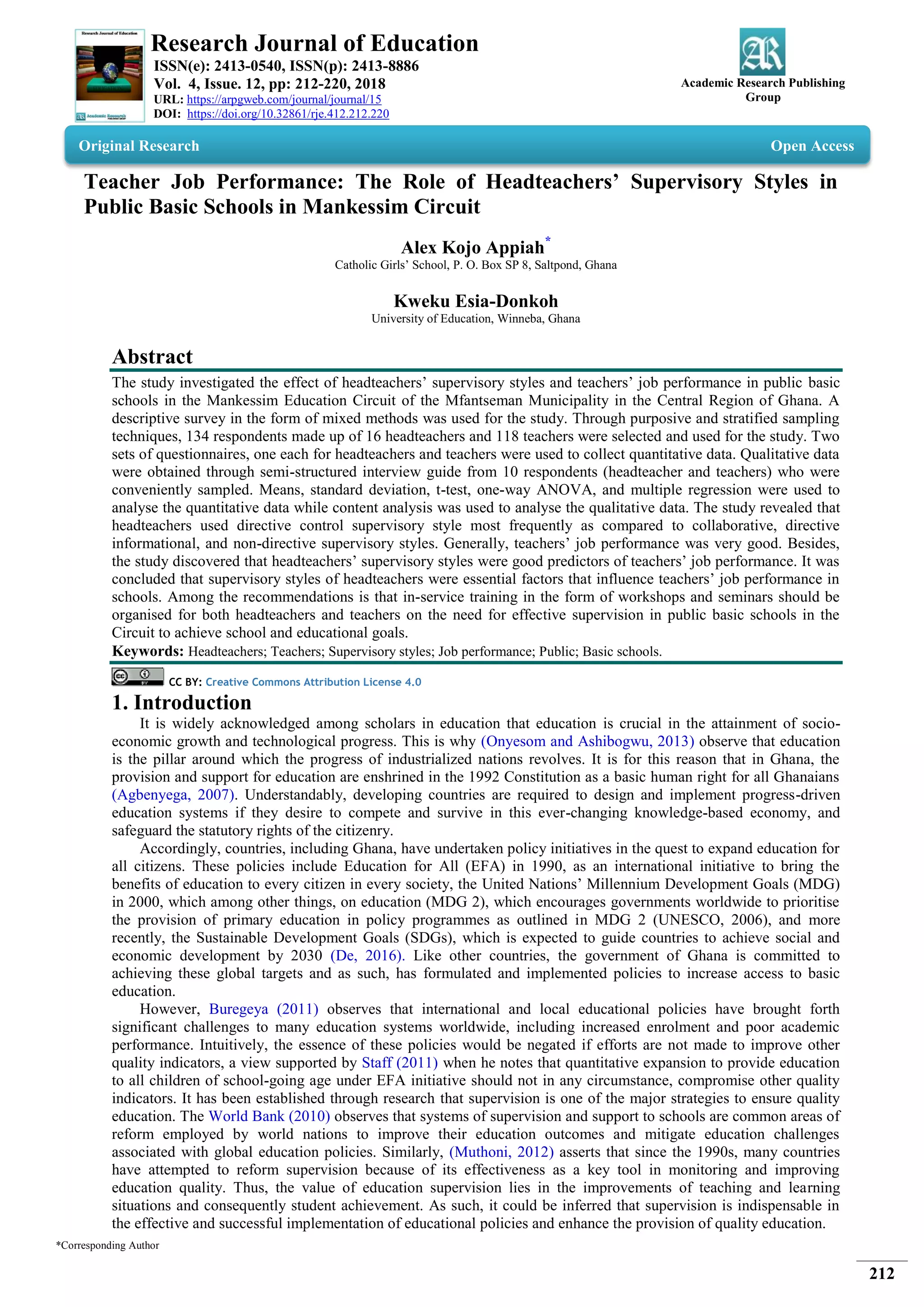 Teacher Job Performance: The Role of Headteachers’ Supervisory Styles in Public Basic Schools in ...