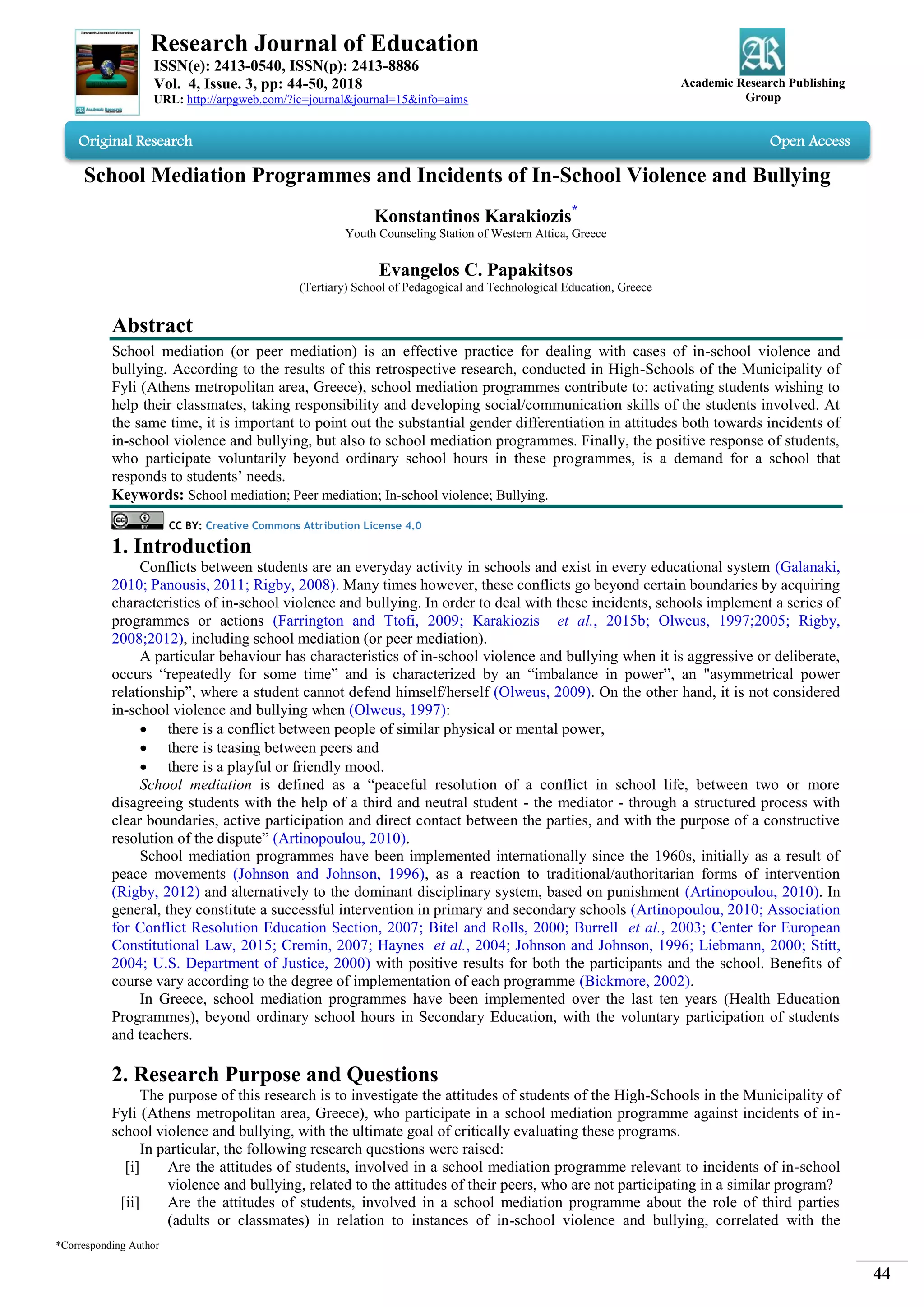 School Mediation Programmes and Incidents of In-School Violence and ...