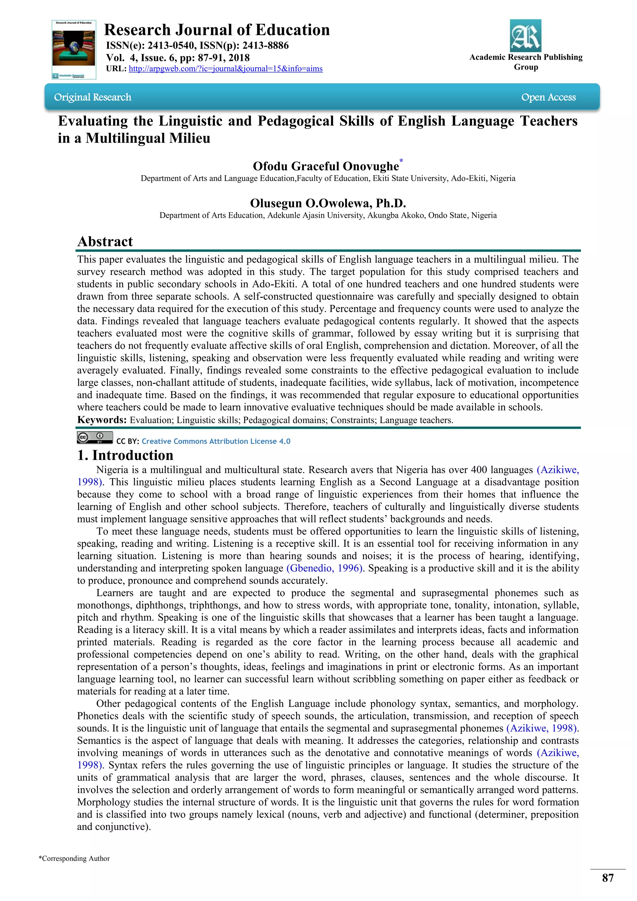 Evaluating the Linguistic and Pedagogical Skills of English Language ...