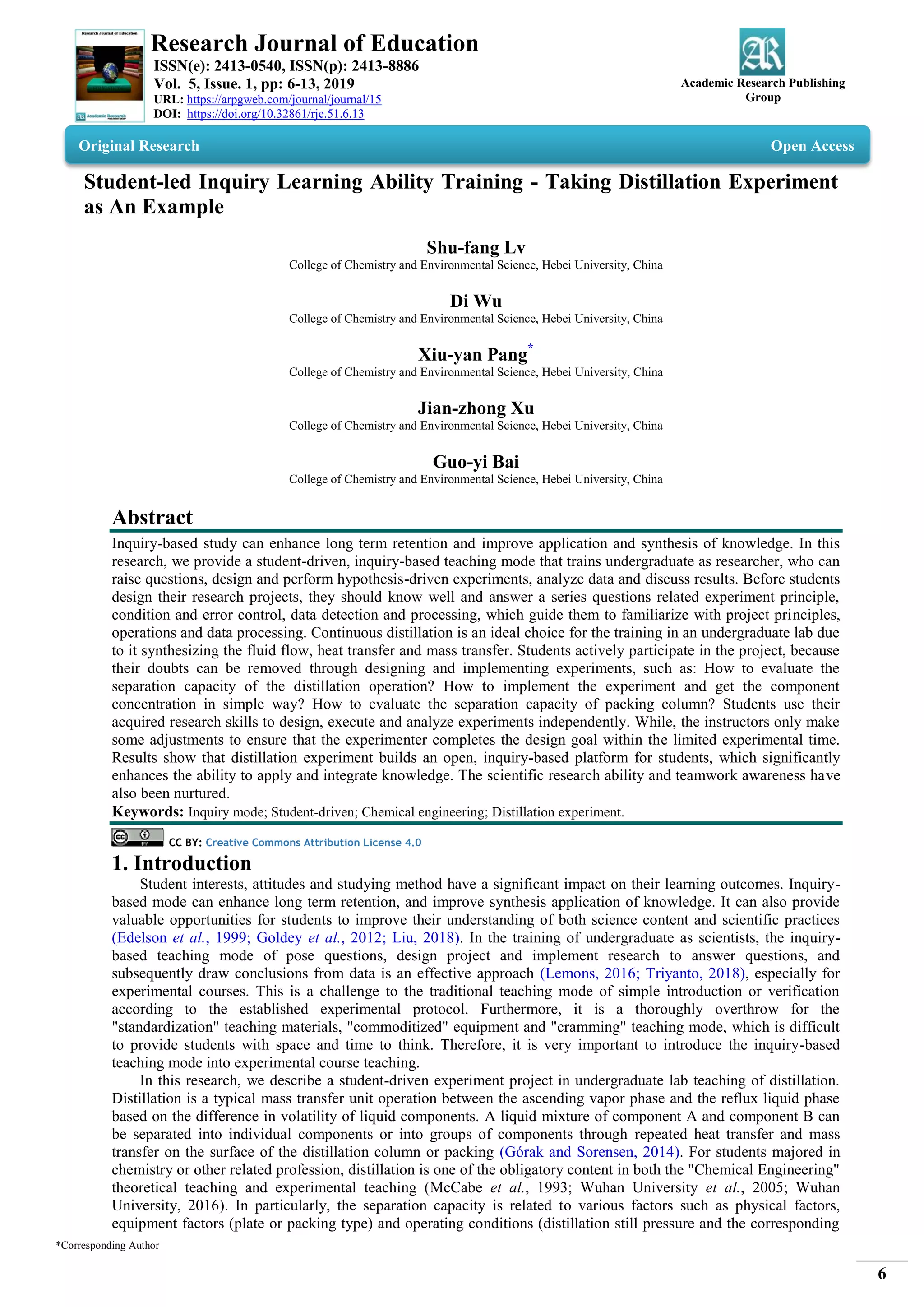 Student-led Inquiry Learning Ability Training - Taking Distillation ...