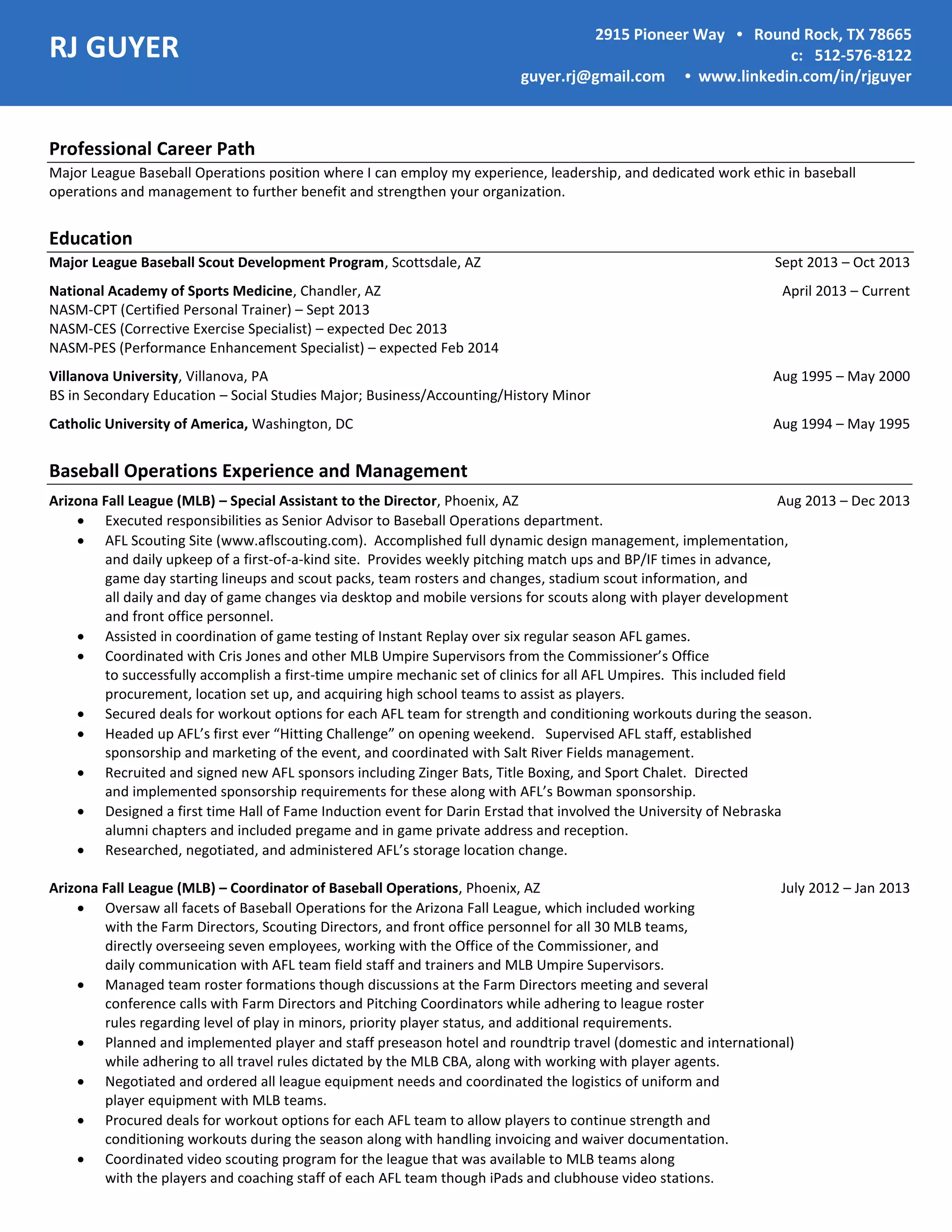 R.J. Guyer Baseball Operations Resume (11/11/13) | PDF
