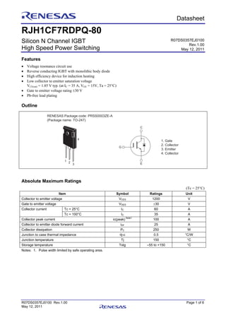 Original N-Channel IGBT RJH1CF7RDPQ RJH1CF7RDPQ-80 TO-247 New Renesas | PDF