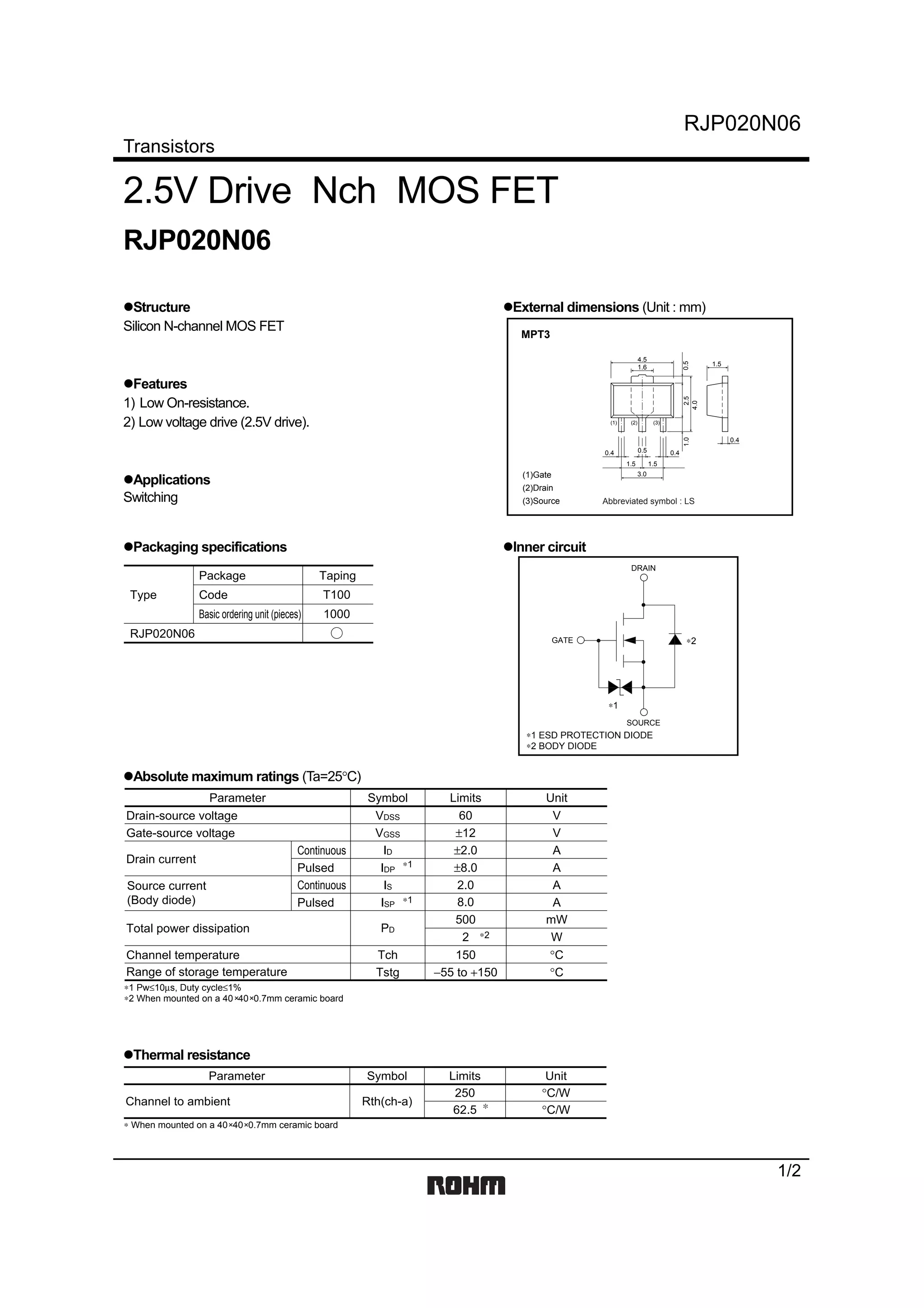 Original N-Channel Mosfet RJP020N06T100 60V 2A LS SMD code SOT-89 New | PDF