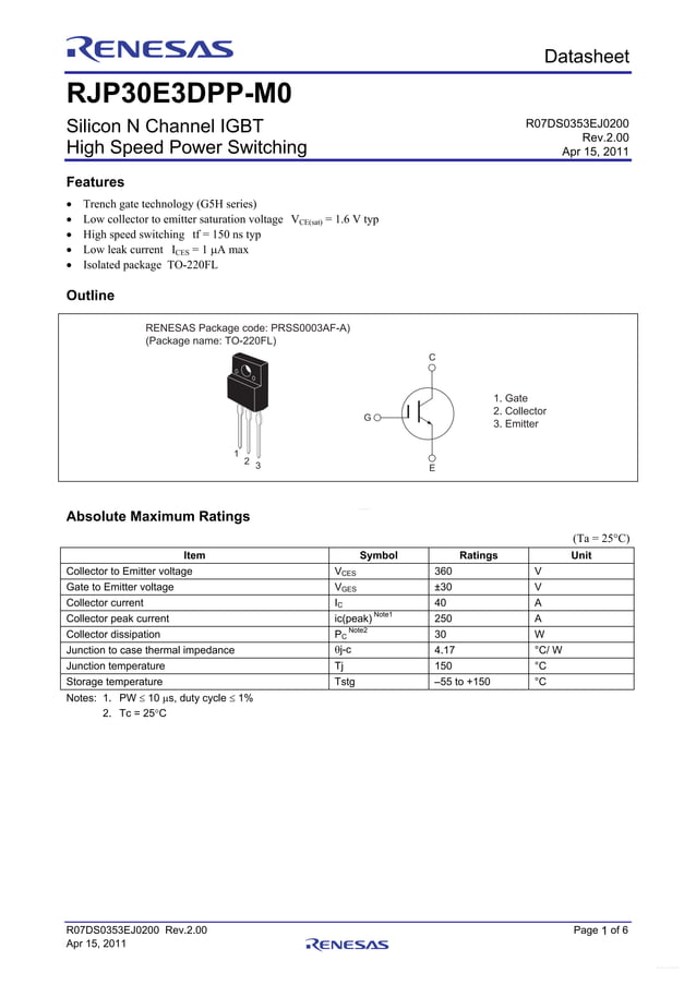 Original IGBT RJP30E4 360V 35A TO-263 New Renesas Panasonic | PDF | Physics | Science