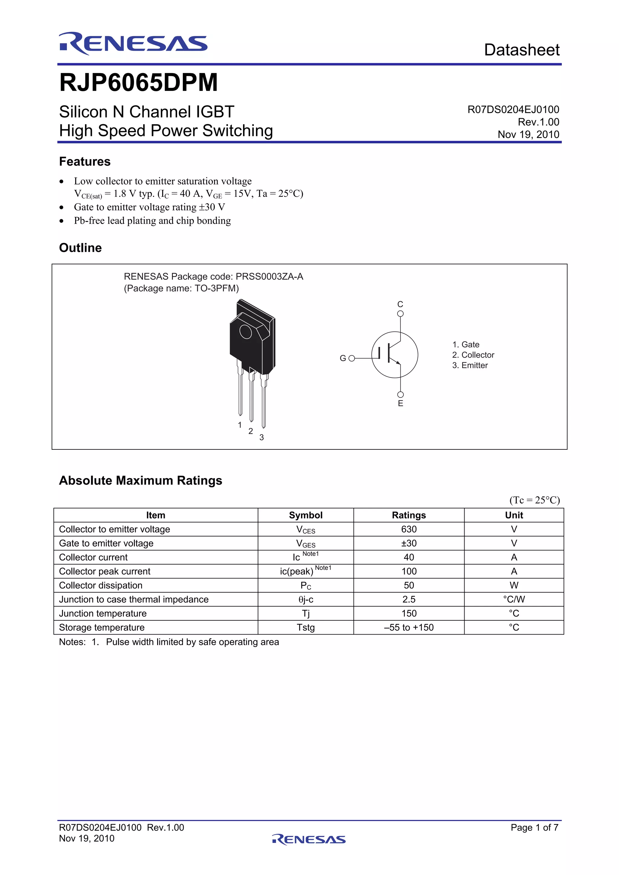 Original IGBT RJP6065DPM 6065 New Renesas | PDF