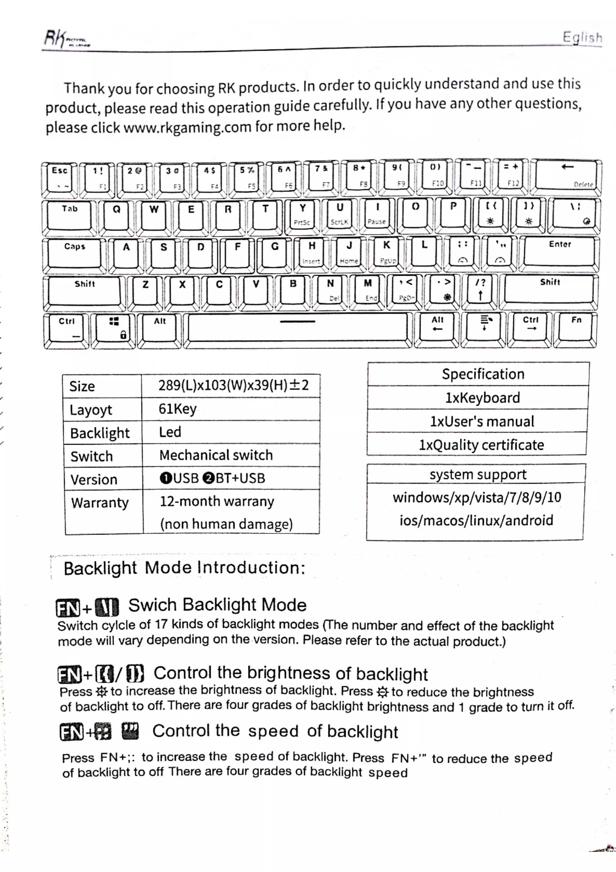 Rk61 updated manual royal kludge gaming keyboard wireless type c | PDF
