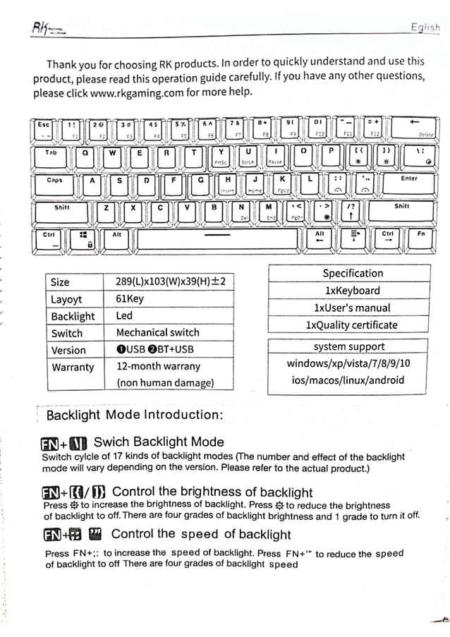 Rk61 updated manual royal kludge gaming keyboard wireless type c | PDF
